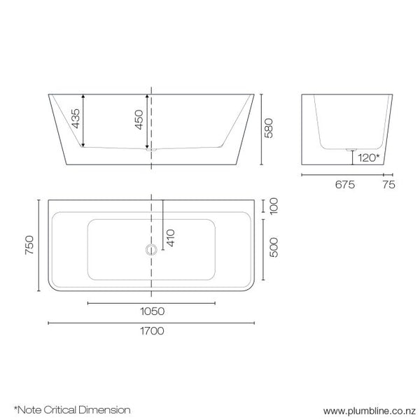 PLUMBLINE ZONE BTW FREESTANDING BATH 1700X750MM | Bathrooms Online